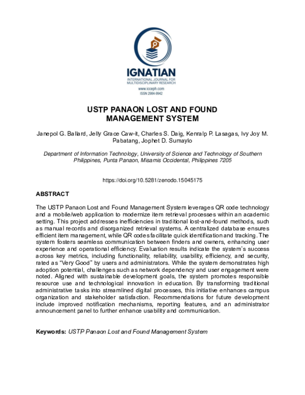 (PDF) USTP PANAON LOST AND FOUND MANAGEMENT SYSTEM