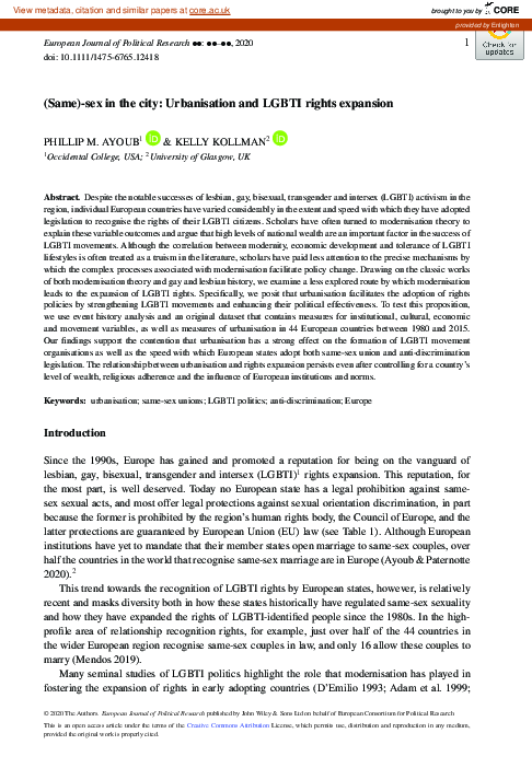 Pdf Same ‐sex In The City Urbanisation And Lgbti Rights Expansion