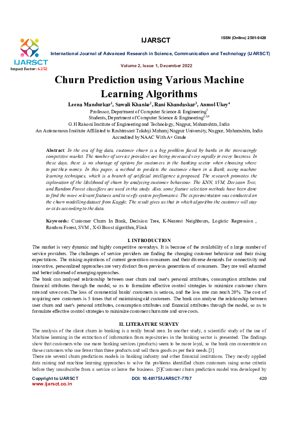 (PDF) Churn Prediction using Various Machine Learning Algorithms