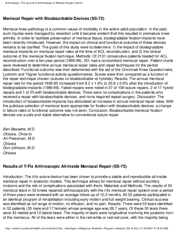 (PDF) Results of T-Fix Arthroscopic All-Inside Meniscal Repair (SS-73)