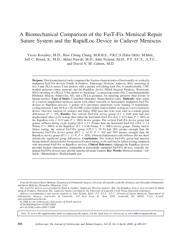A Biomechanical Comparison of the FasT-Fix Meniscal Repair Suture ...