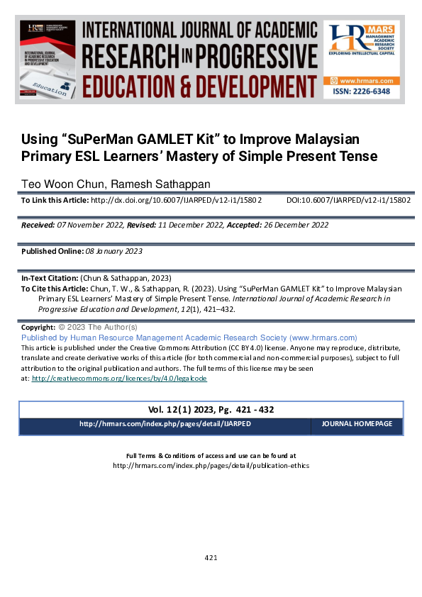 (PDF) Using “SuPerMan GAMLET Kit” to Improve Malaysian Primary ESL Learners’ Mastery of Simple ...