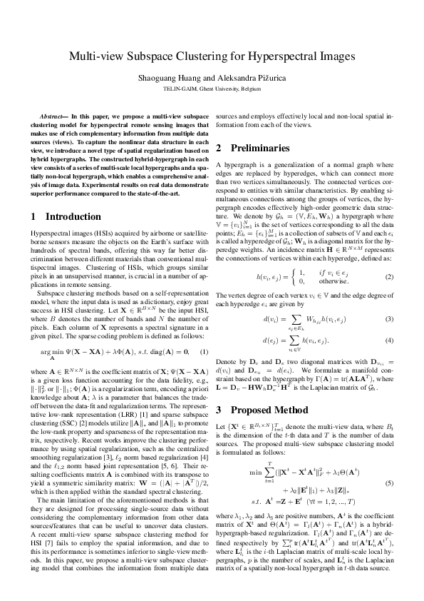 (PDF) Multi-view subspace clustering for hyperspectral images