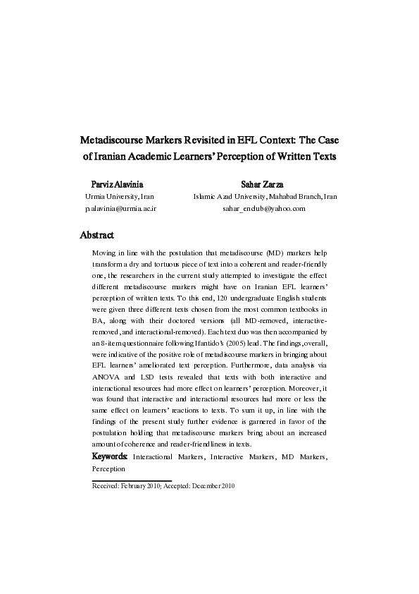 (PDF) Metadiscourse Markers Revisited in EFL Context: The Case of Iranian Academic Learners ...