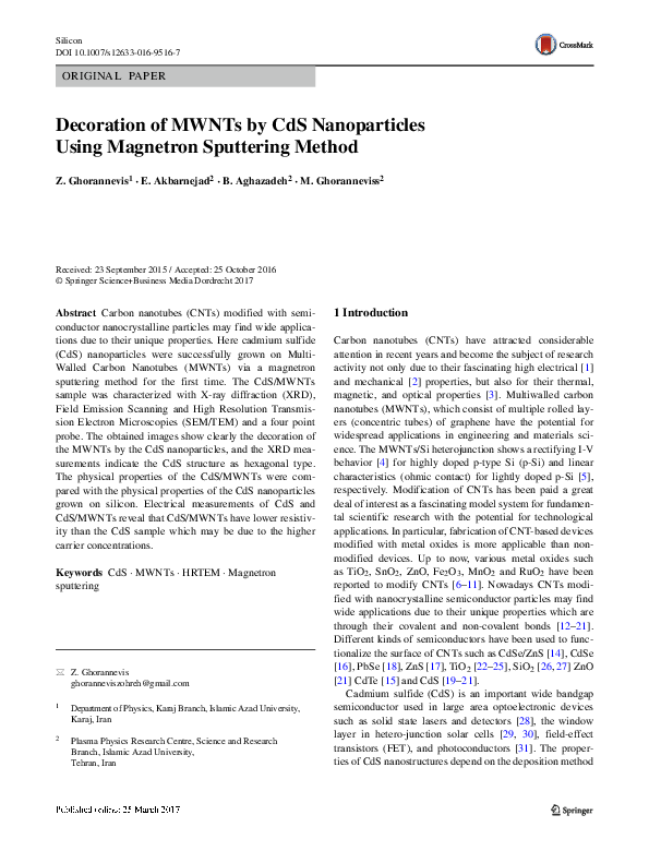 (PDF) Decoration of MWNTs by CdS Nanoparticles Using Magnetron ...