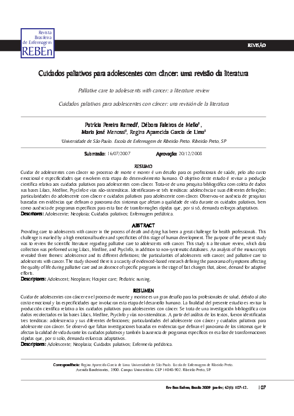 (PDF) Cuidados paliativos para adolescentes com câncer: um estudo ...