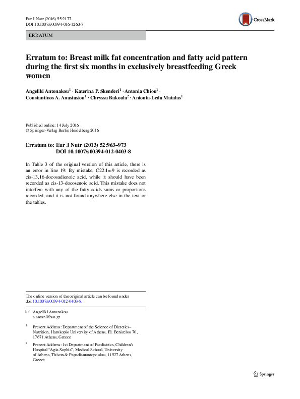 (PDF) Erratum to: Breast milk fat concentration and fatty acid pattern ...