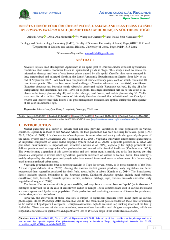 (PDF) INFESTATION OF FOUR CRUCIFER SPECIES, DAMAGE AND PLANT LOSS ...