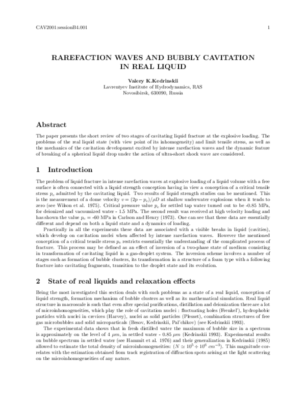 (PDF) Rarefaction Waves and Bubbly Cavitation in Real Liquid