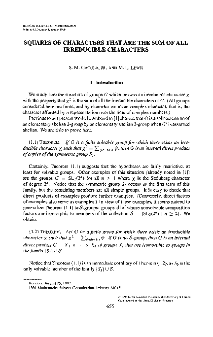 (PDF) Squares of characters that are the sum of all irreducible characters