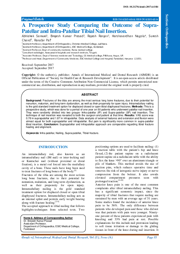 (PDF) A Prospective Study Comparing the Outcome of Supra-Patellar and ...