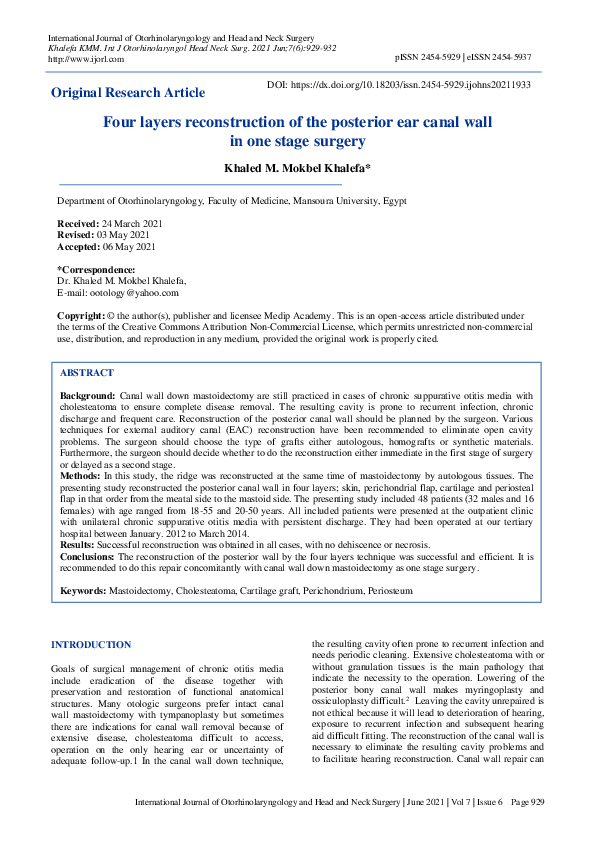 (PDF) Four layers reconstruction of the posterior ear canal wall in one ...