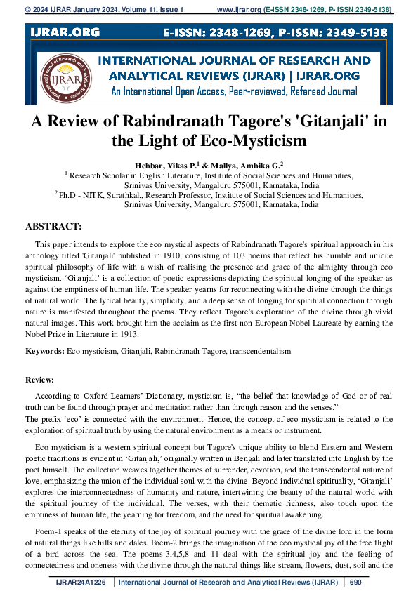 (PDF) A Review of Rabindranath Tagore's 'Gitanjali' in the Light of Eco ...