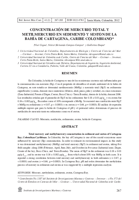 (PDF) CONCENTRACIÓN DE MERCURIO TOTAL Y METILMERCURIO EN SEDIMENTO Y ...