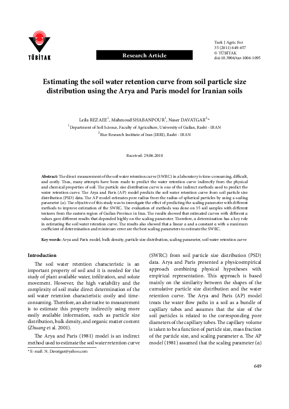 (PDF) Estimating the soil water retention curve from soil particle size distribution using the ...