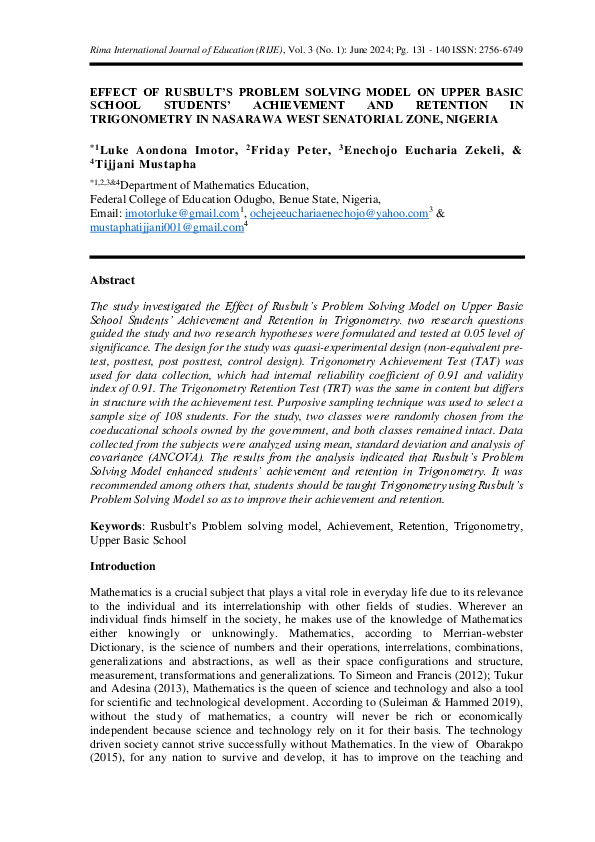 (PDF) EFFECT OF RUSBULT’S PROBLEM SOLVING MODEL ON UPPER BASIC SCHOOL ...