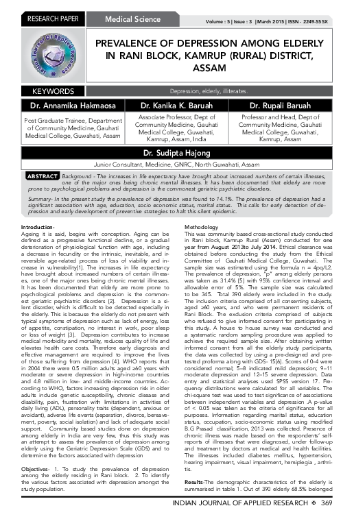 (PDF) Prevalence of Depression Among Elderly in Rani Block, Kamrup ...