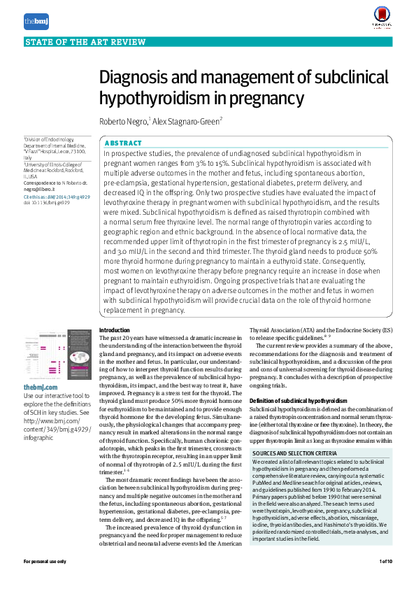 (PDF) Diagnosis and management of subclinical hypothyroidism in pregnancy