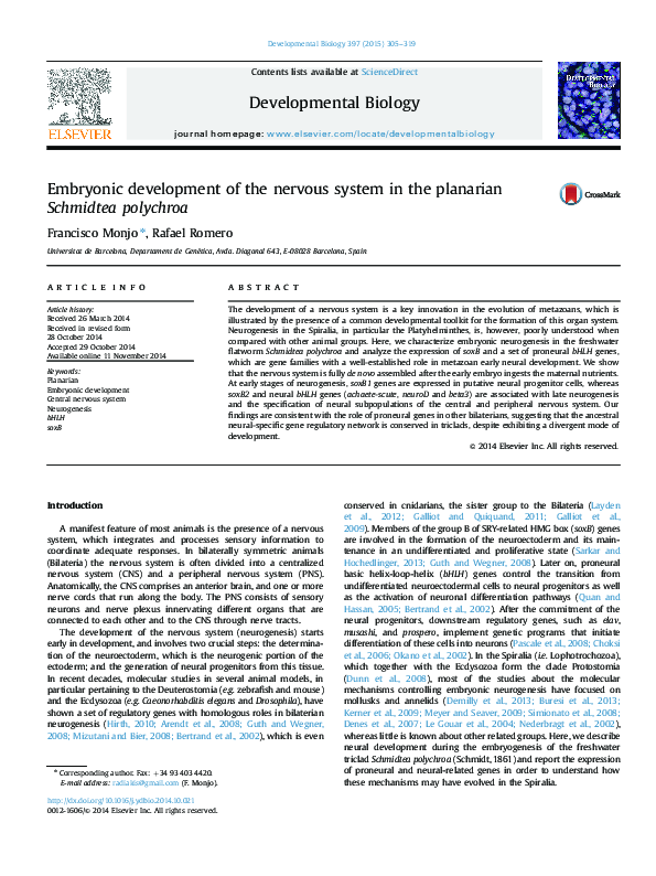 (PDF) Embryonic development of the nervous system in the planarian ...