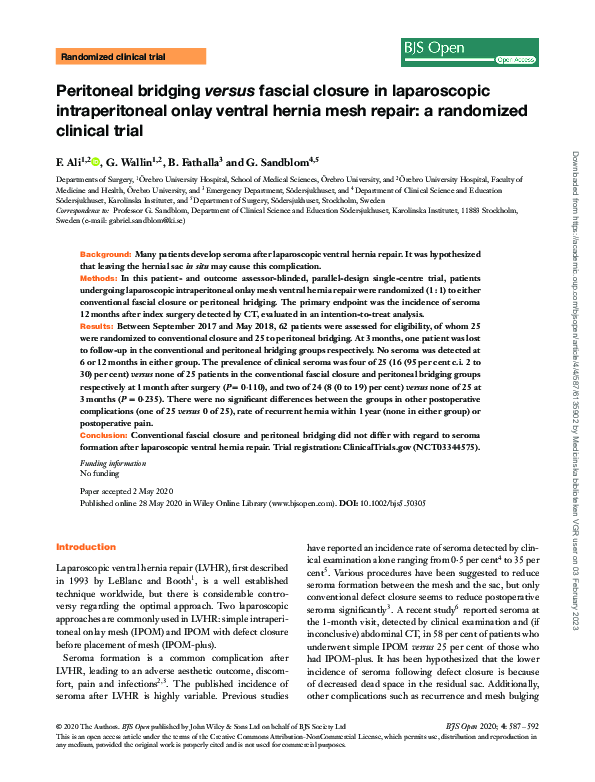 (PDF) Peritoneal bridging versus fascial closure in laparoscopic intraperitoneal onlay ventral ...
