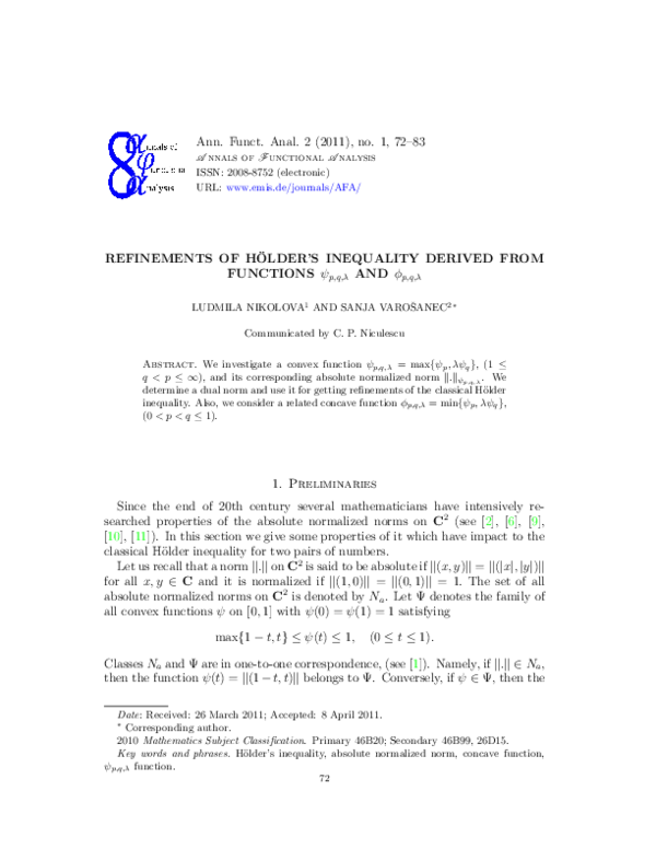 (PDF) Refinements of Hölder's inequality derived from functions $\psi_{p,q,\lambda}$ and $\phi ...