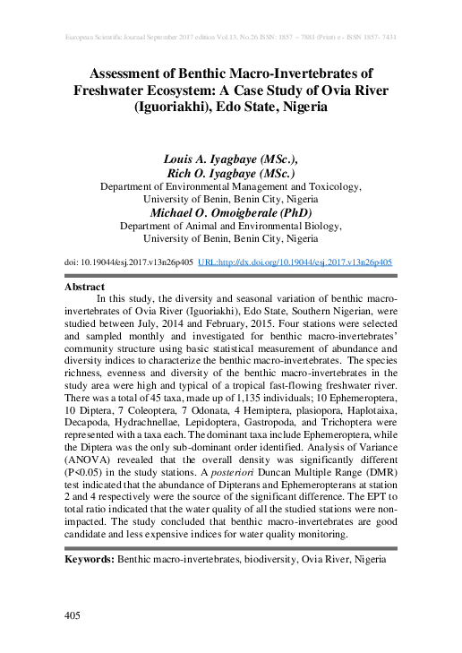 (PDF) Assessment of Benthic Macro-Invertebrates of Freshwater Ecosystem ...