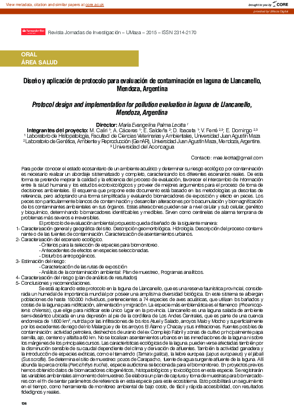(PDF) Diseño y aplicación de protocolo para evaluación de contaminación en laguna de Llancanello ...