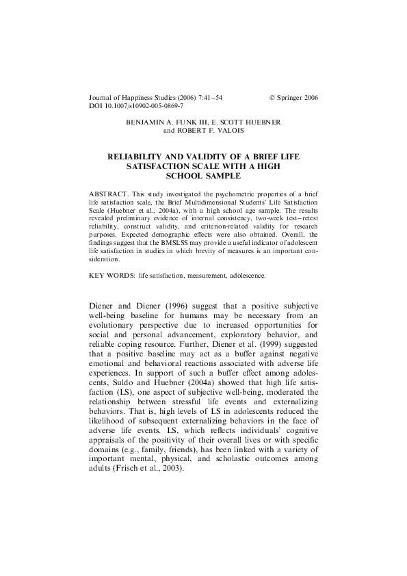 (PDF) Reliability and Validity of a Brief Life Satisfaction Scale with a High School Sample