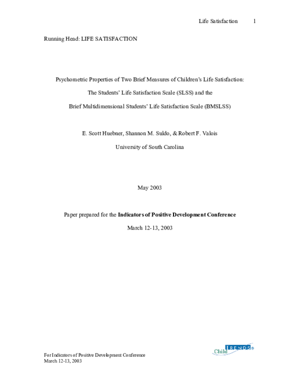 (PDF) Psychometric Properties of Two Brief Measures of Children's Life Satisfaction: The ...