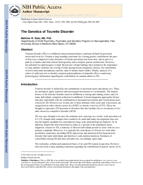 (PDF) The genetics of Tourette disorder