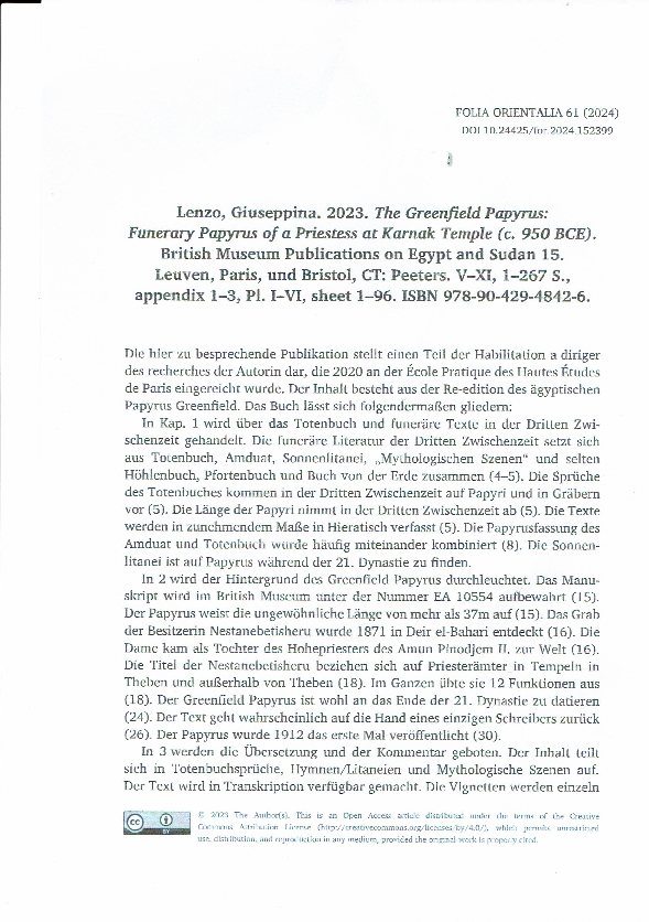 (PDF) Lenzo, Giuseppina. 2023. The Greenfield Papyrus: Funerary Papyrus ...