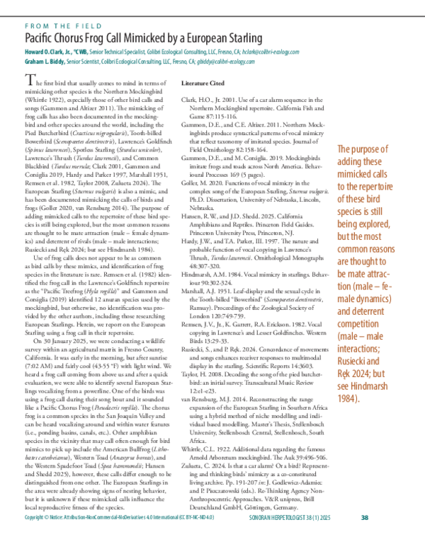 (PDF) Pacific Chorus Frog Call Mimicked by a European Starling