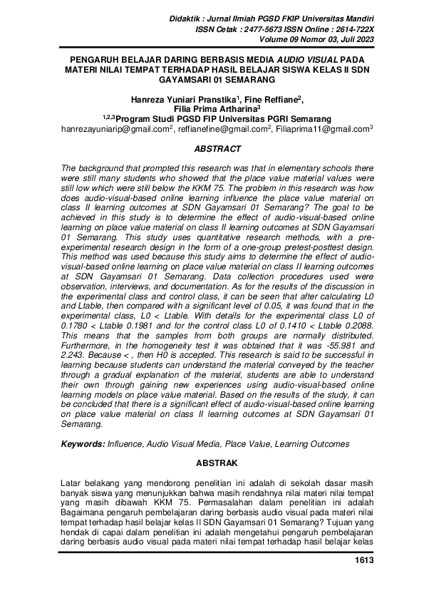 (PDF) Pengaruh Belajar Daring Berbasis Media Audio Visual Pada Materi Nilai Tempat Terhadap ...