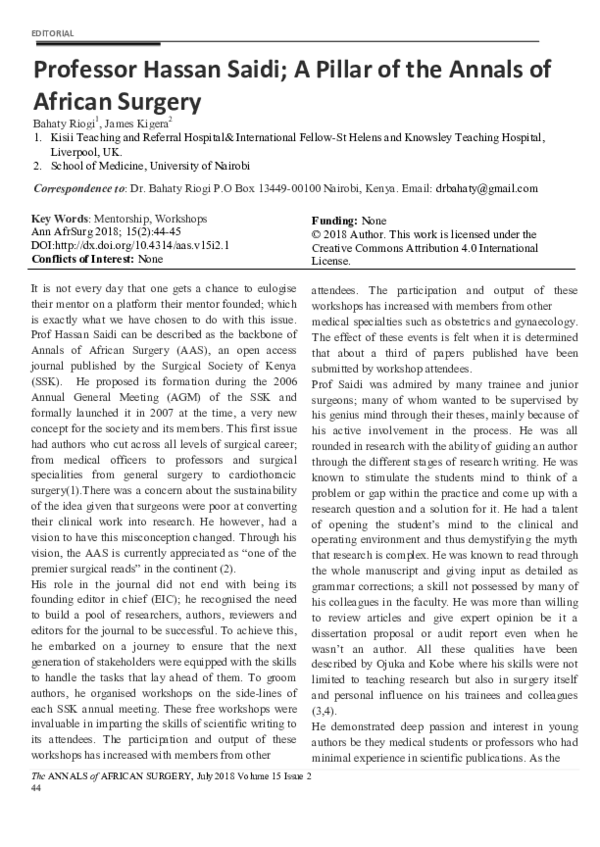 (PDF) Professor Hassan Saidi; a pillar of the Annals of African Surgery