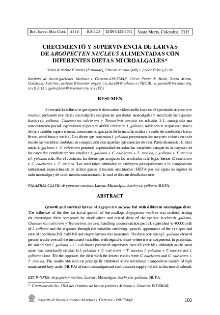 (PDF) CRECIMIENTO Y SUPERVIVENCIA DE LARVAS DE ARGOPECTEN NUCLEUS ...