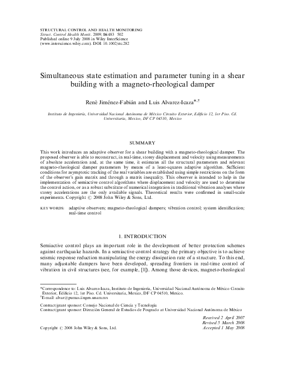 (PDF) Simultaneous state estimation and parameter tuning in a shear building with a magneto ...