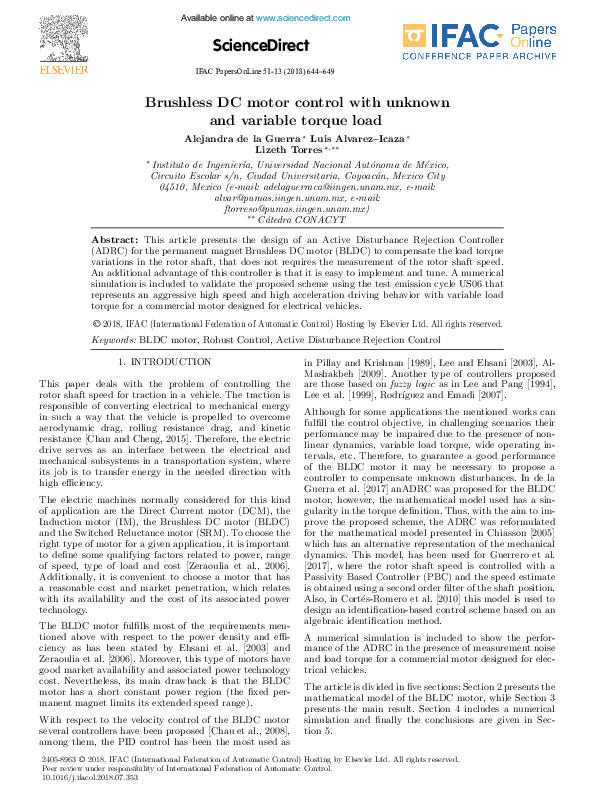 (PDF) Brushless DC motor control with unknown and variable torque load