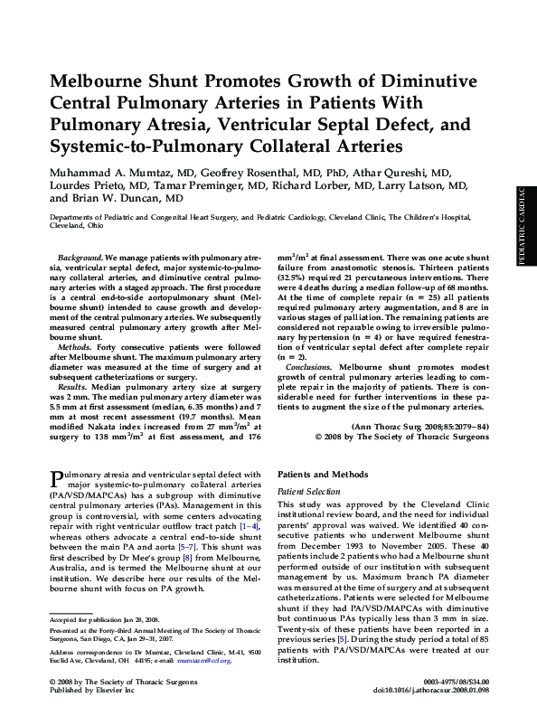 (PDF) Melbourne Shunt Promotes Growth of Diminutive Central Pulmonary ...