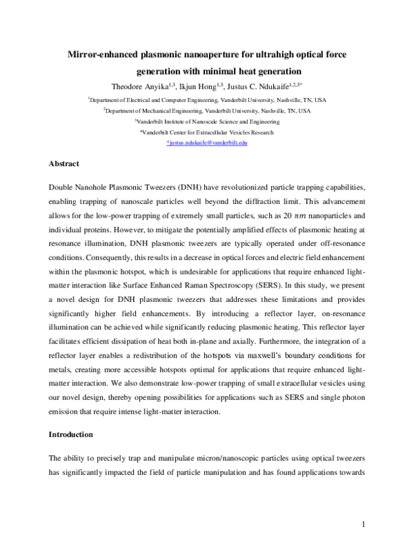 (PDF) Mirror-enhanced plasmonic nanoaperture for ultrahigh optical force generation with minimal ...