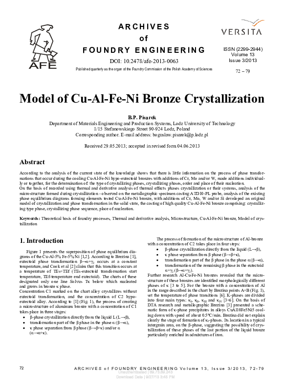 (PDF) Model of Cu-Al-Fe-Ni Bronze Crystallization