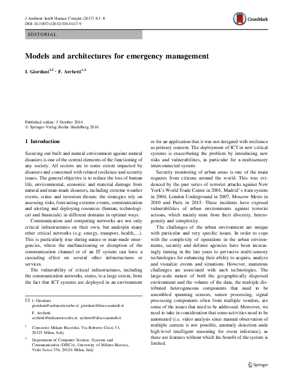 (PDF) Models and architectures for emergency management
