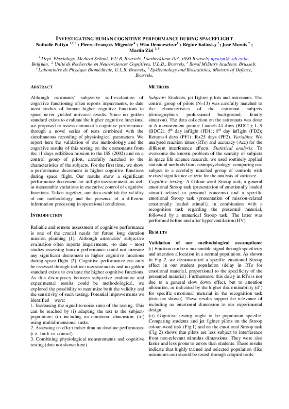 (PDF) Investigating human cognitive performance during spaceflight