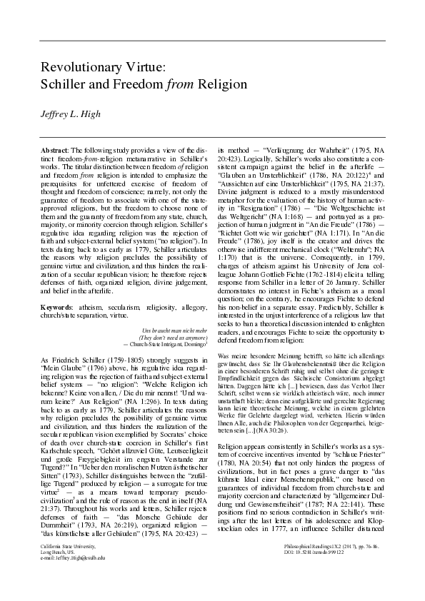 (PDF) Revolutionary Virtue: Schiller and Freedom from Religion