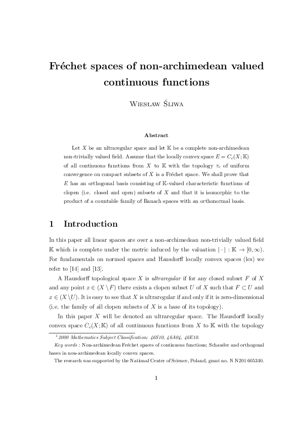 (PDF) Fréchet spaces of non-archimedean valued continuous functions
