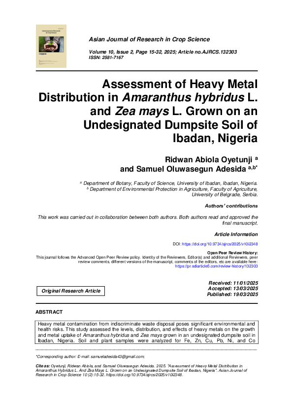 (PDF) Assessment of Heavy Metal Distribution in Amaranthus hybridus L ...