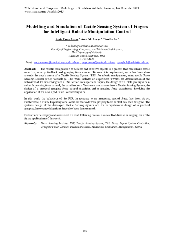 Pdf Modelling And Simulation Of Tactile Sensing System Of Fingers For Intelligent Robotic