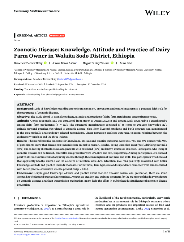 Zoonotic Disease: Knowledge, Attitude and Practice of Dairy Farm Owner in Wolaita Sodo District ...