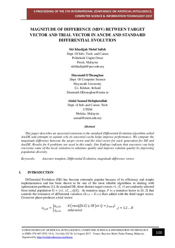 (PDF) Magnitude of Difference ( MDV ) Between Target Vector and Trial Vector in Ancde and ...