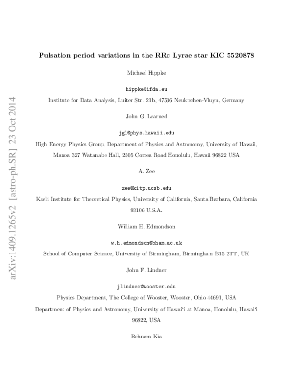 (PDF) PULSATION PERIOD VARIATIONS IN THE RRc LYRAE STAR KIC 5520878