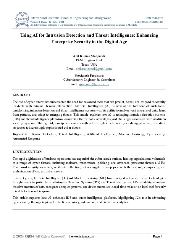 (PDF) Using AI for Intrusion Detection and Threat Intelligence: Enhancing Enterprise Security in ...